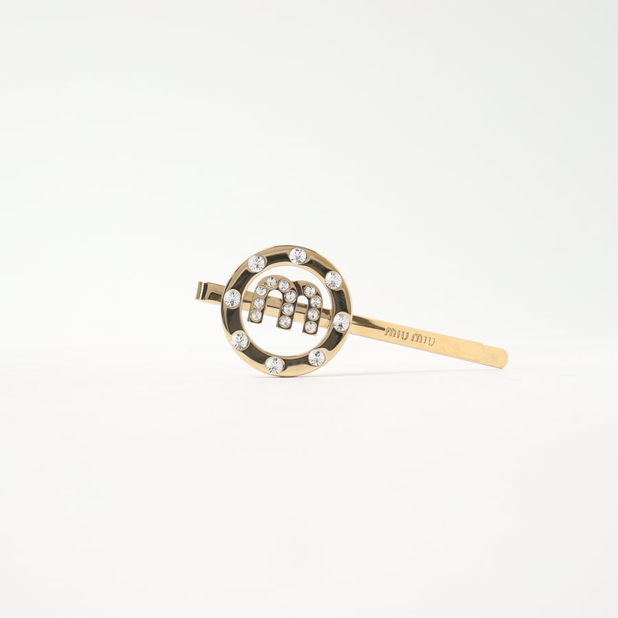 Vintage MIU MIU Logo Rhinestone Gold Hairpin - A Retro Tale
