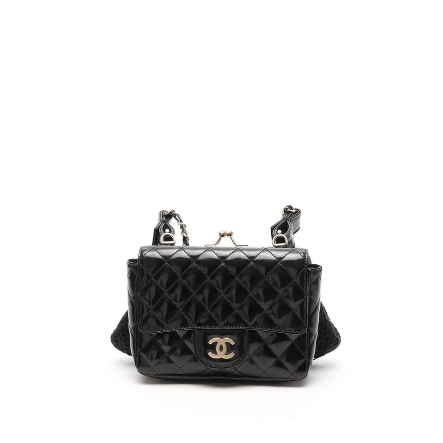 Vintage Chanel Patent Leather Lace Mini Kiss Lock Double Sided Bag ...